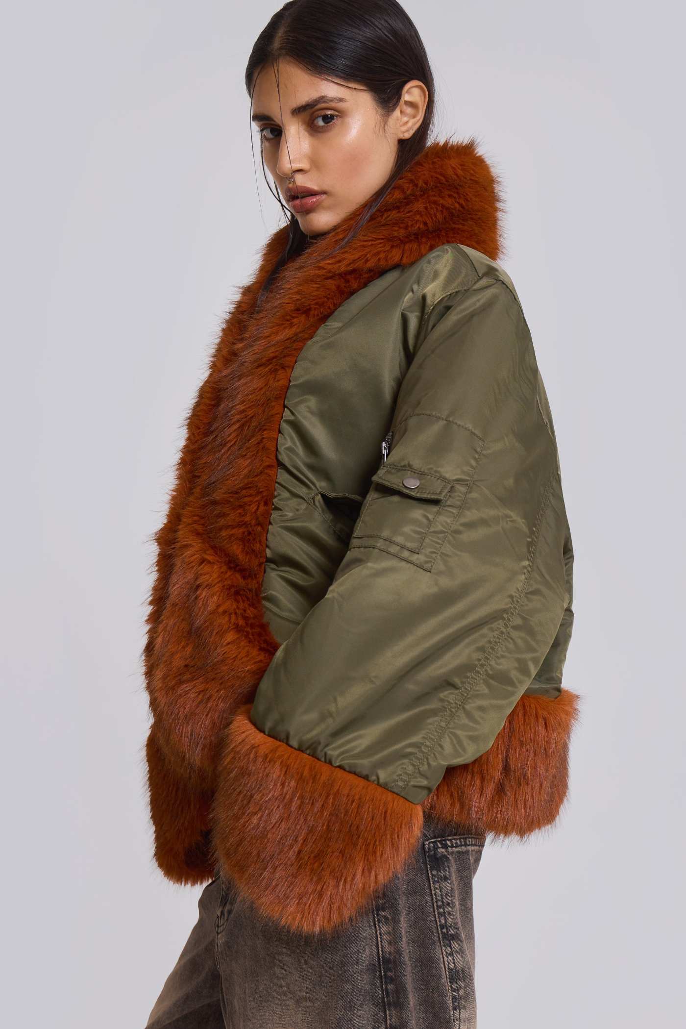 Evren Faux Fur Bomber Jacket in Khaki | Jaded London | Clothing