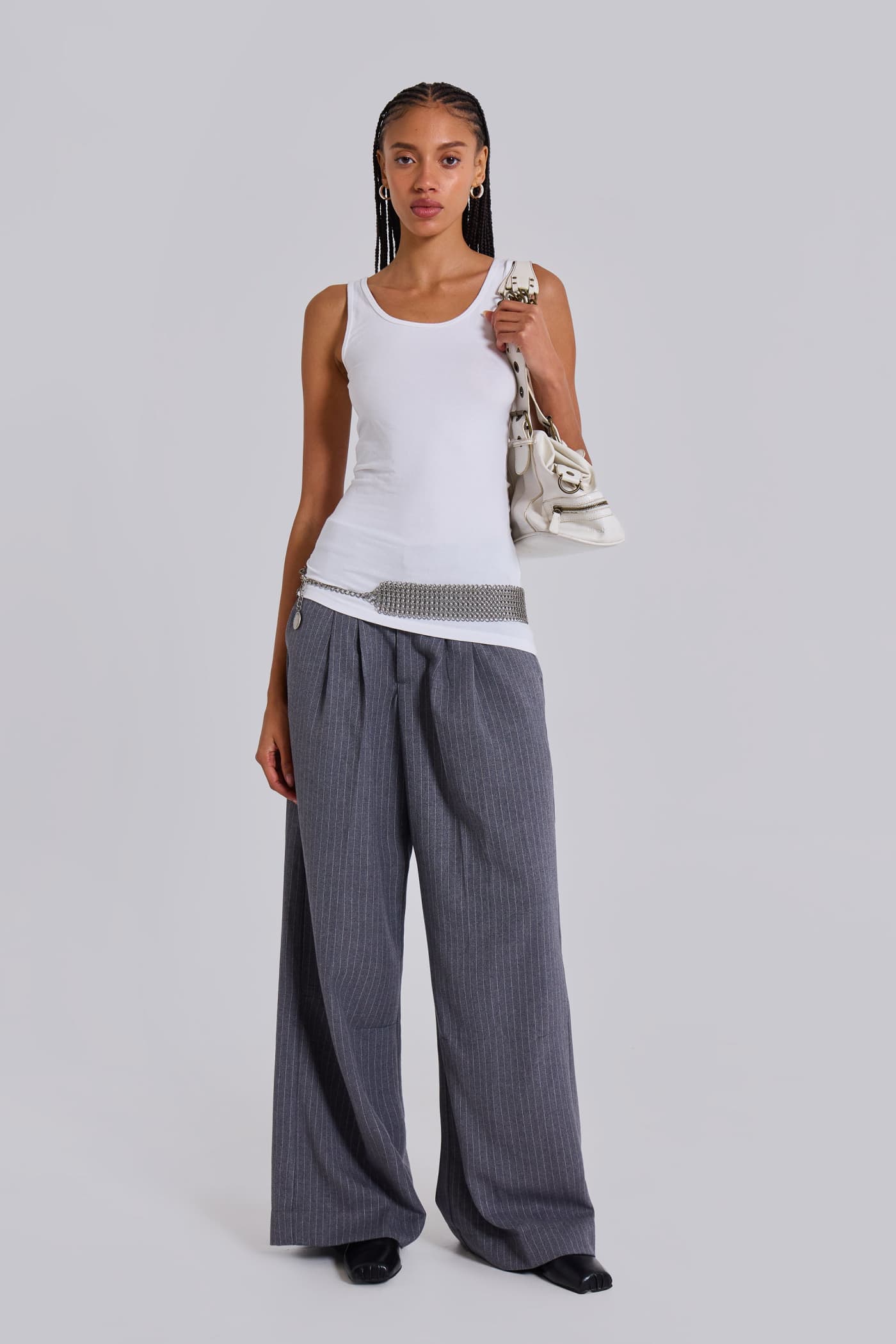Goliath Light Grey Pinstripe Suit Pants | Jaded London | Clothing