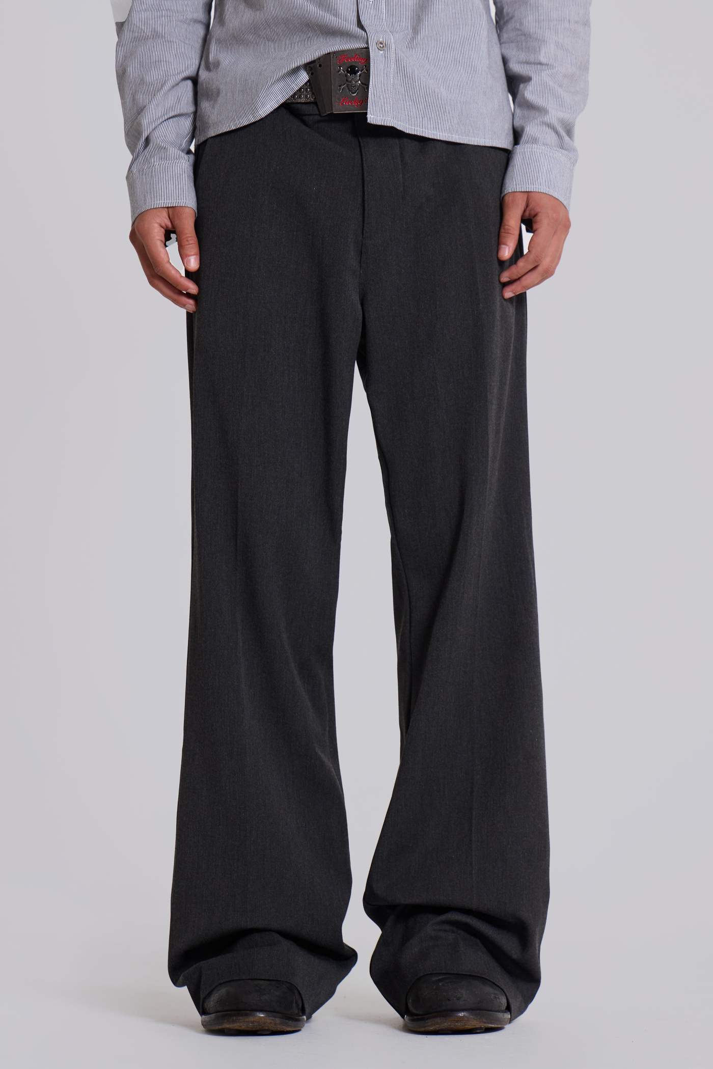 Grey Pinstripe Stacked Bootcut Suit Pants | Jaded London | Clothing