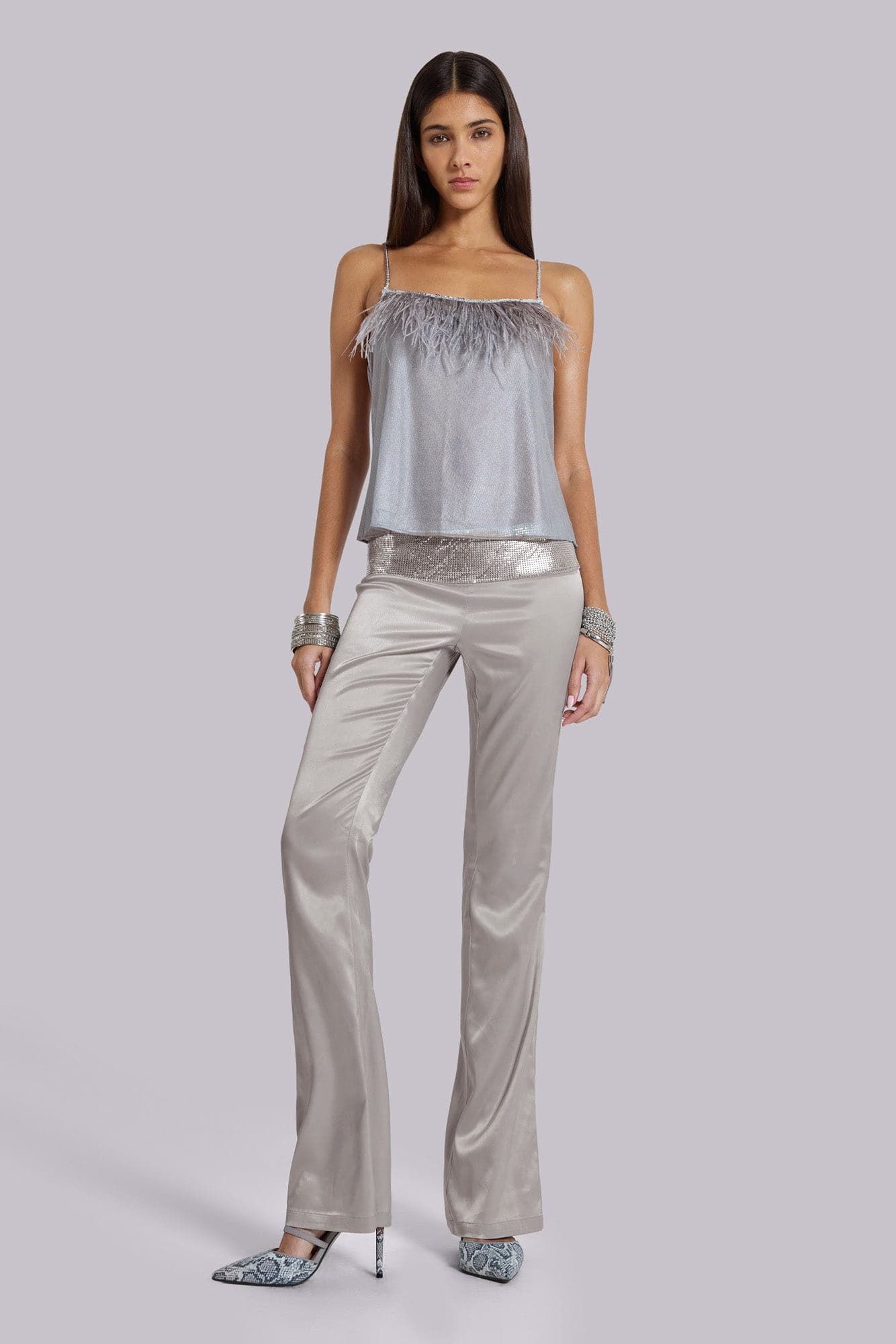 Nivi Chainmail Satin Trousers in Silver | Jaded London | Clothing