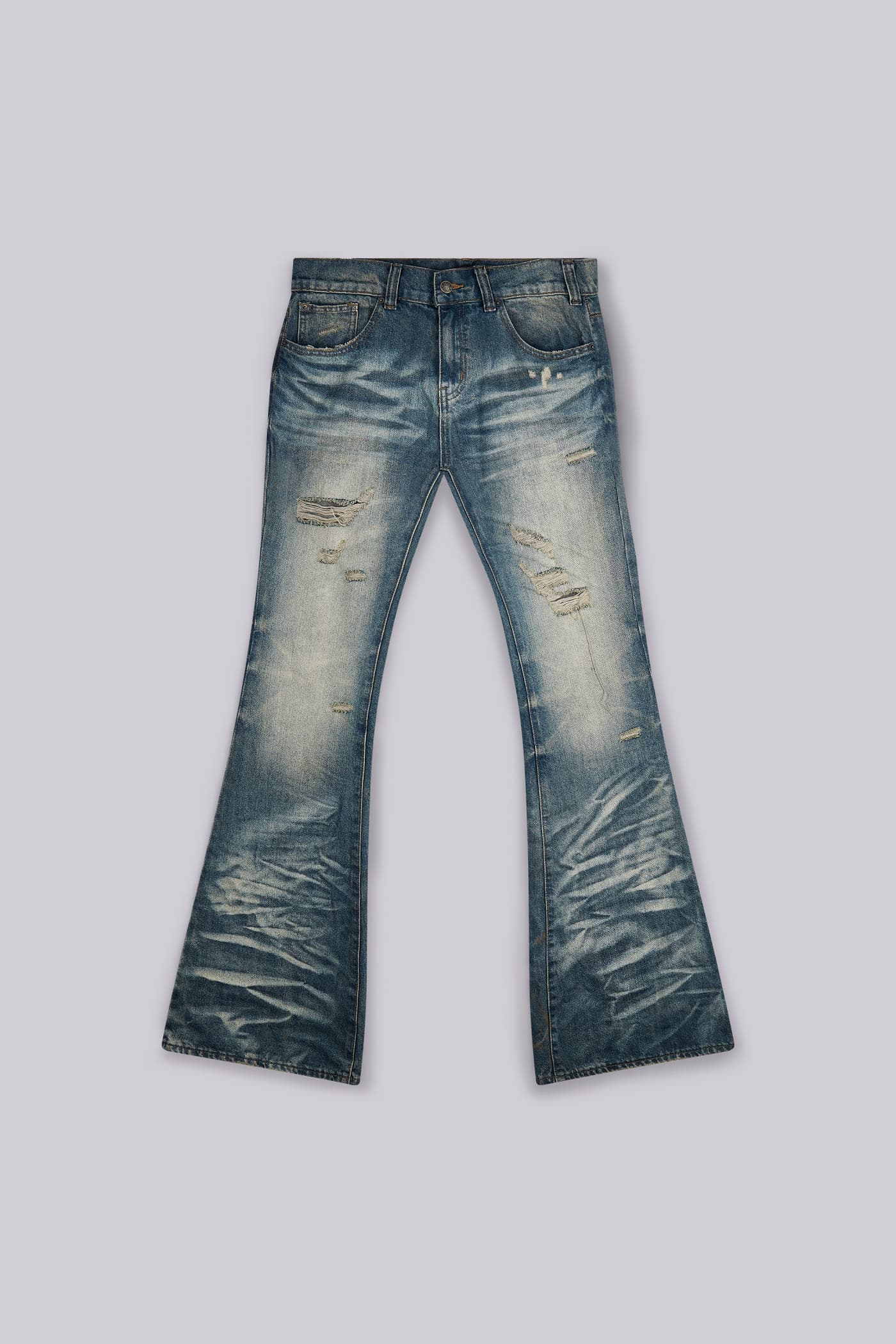 Mid Blue Distressed Creased Drift Flared Jeans | Jaded London | Clothing