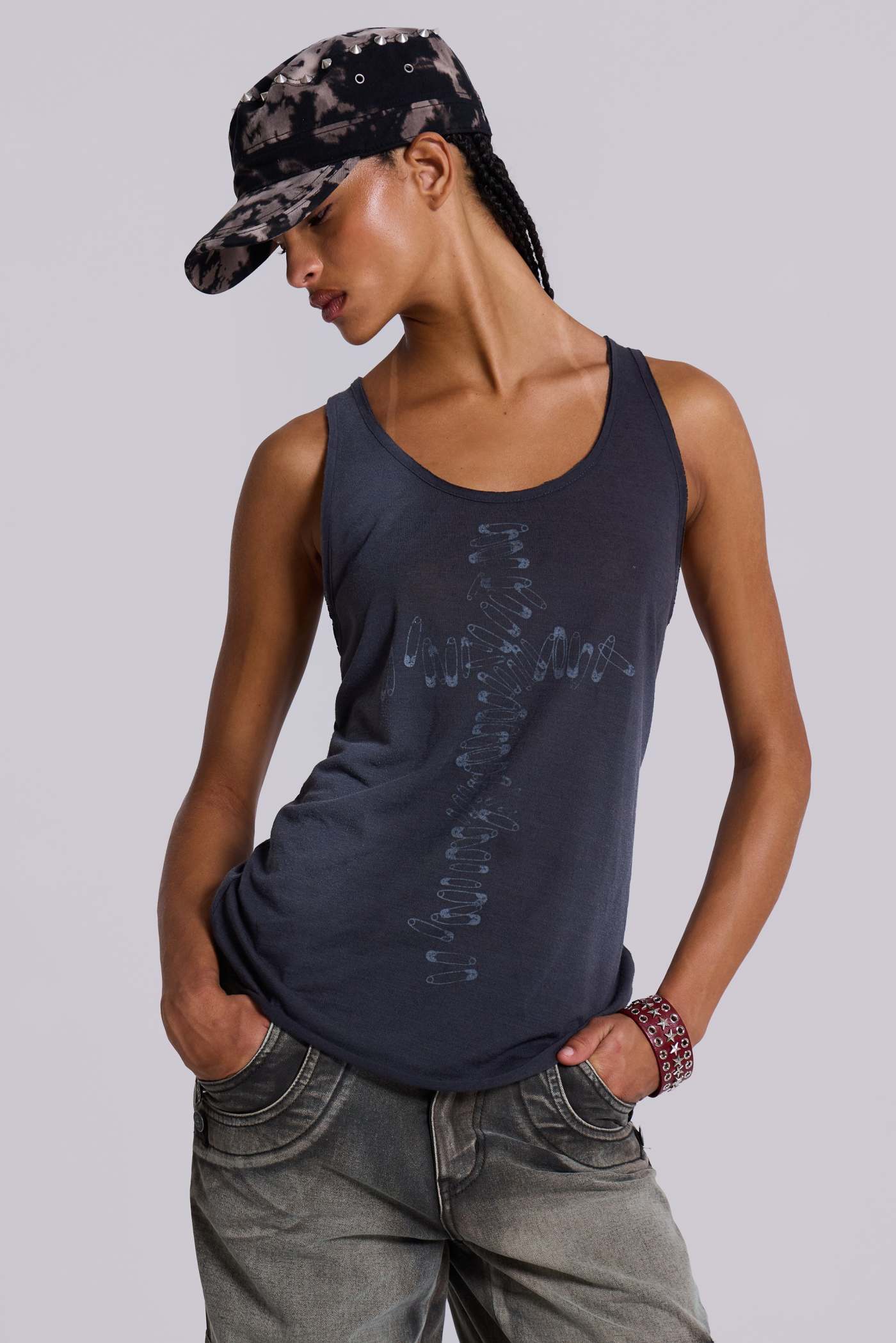 Safety Pin Washed Black Tank | Jaded London | Clothing