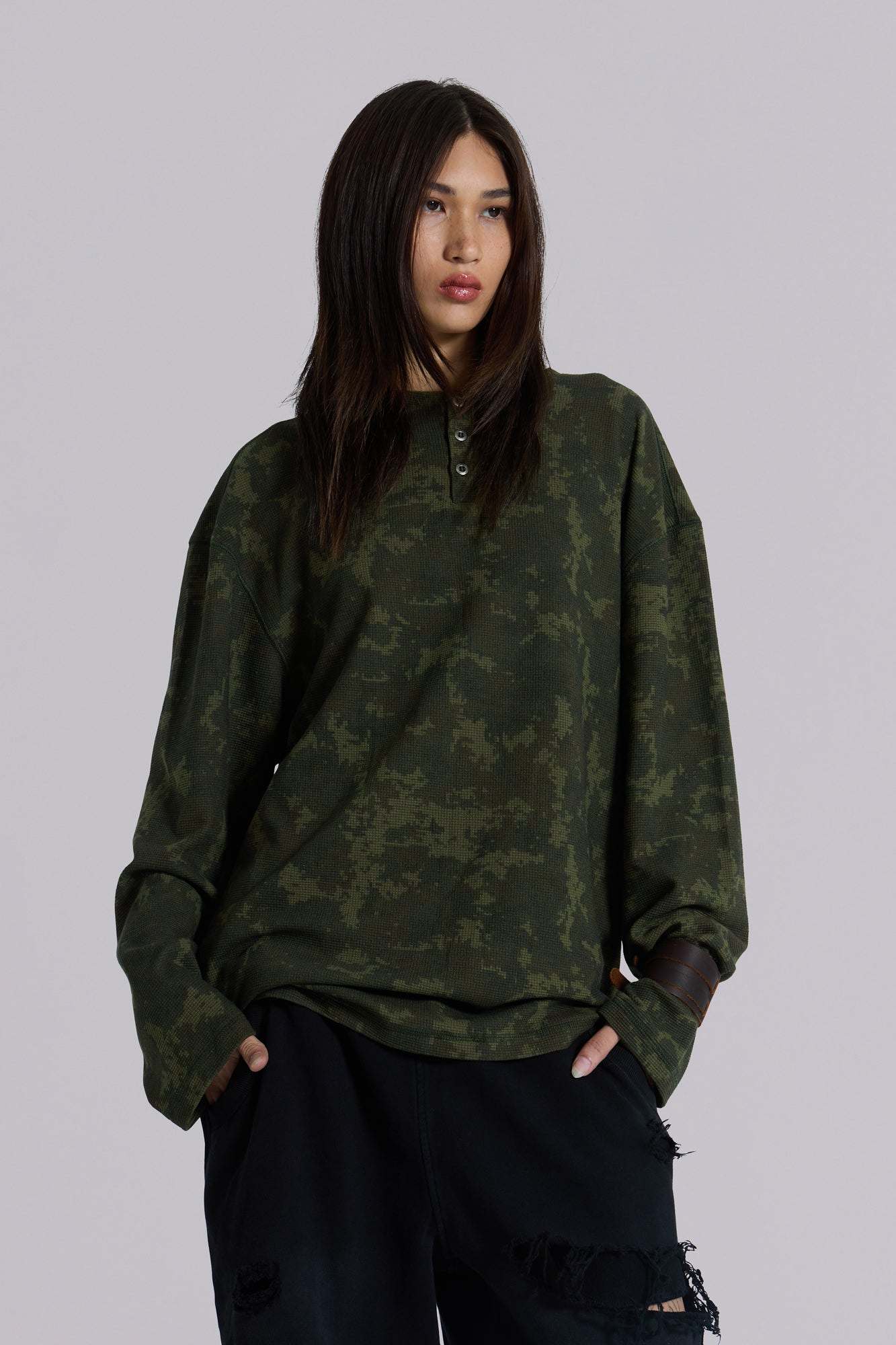Digi Camo Waffle Henley Top | Jaded London | Clothing