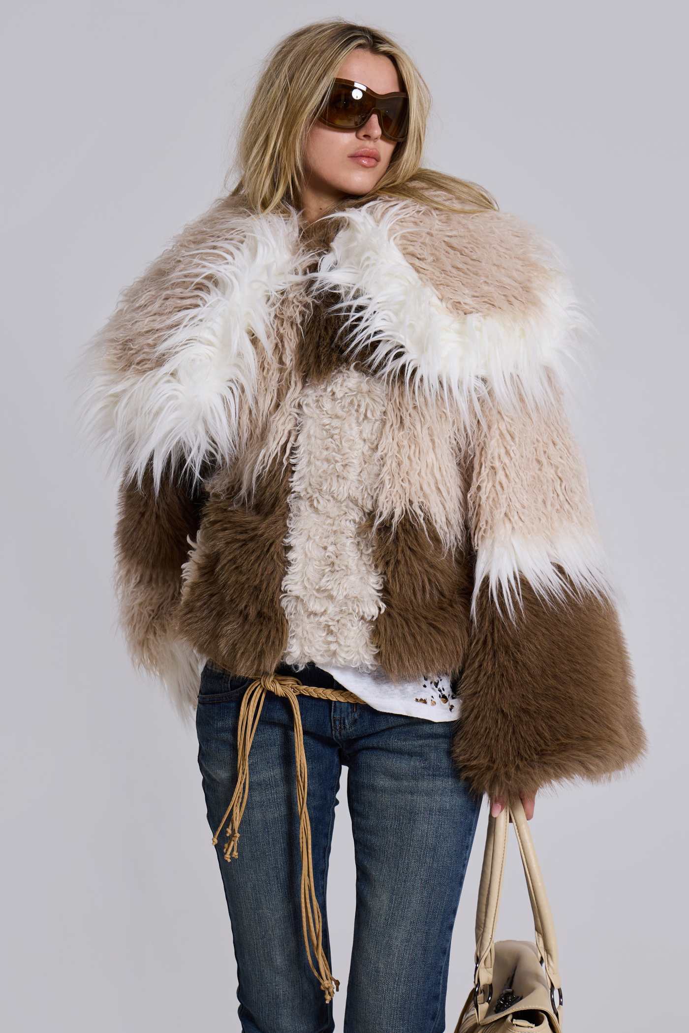 Oksana Patchwork Faux Fur Coat in Beige | Jaded London | Clothing