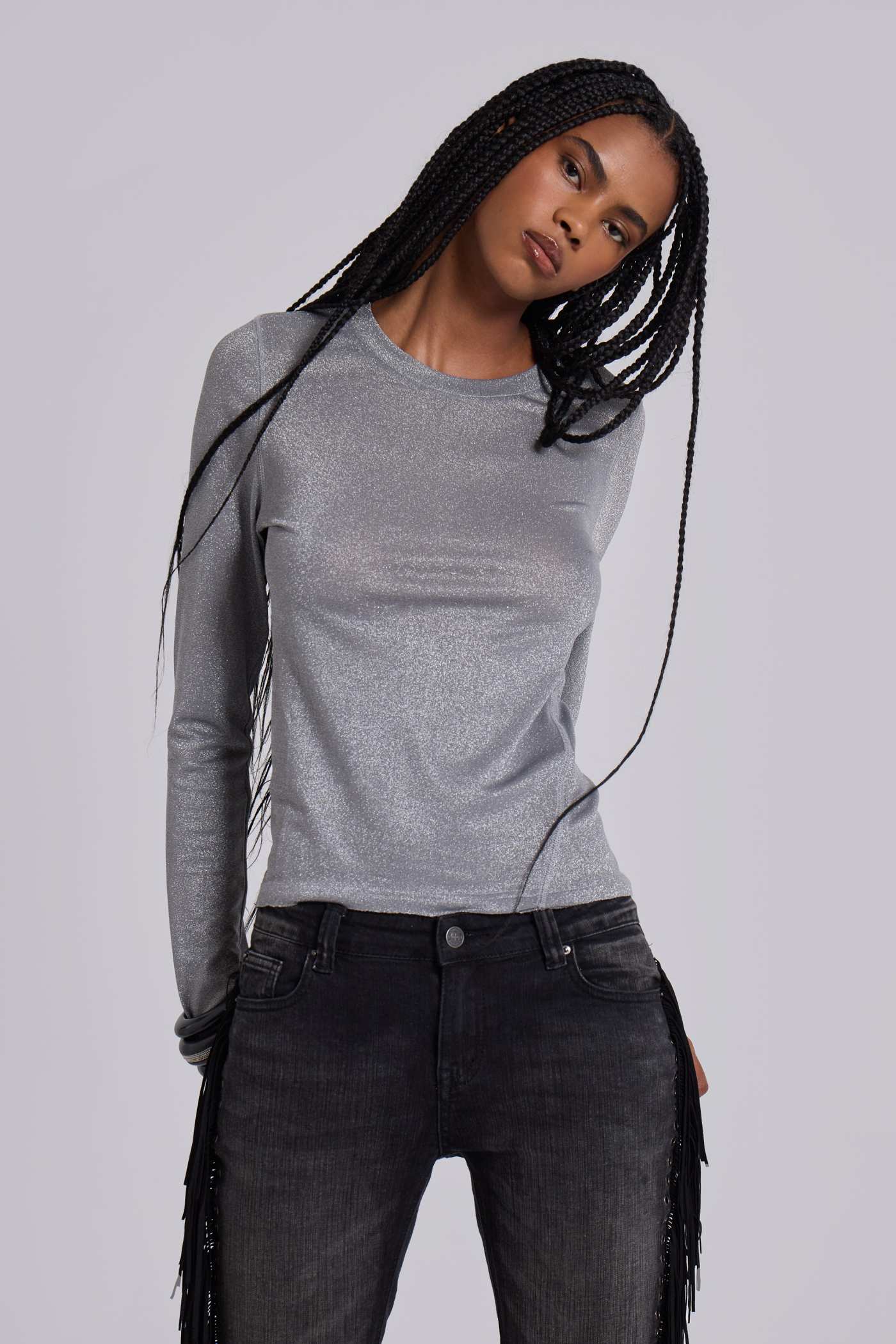 Xeni Glitter Long Sleeve Top in Silver | Jaded London | Clothing