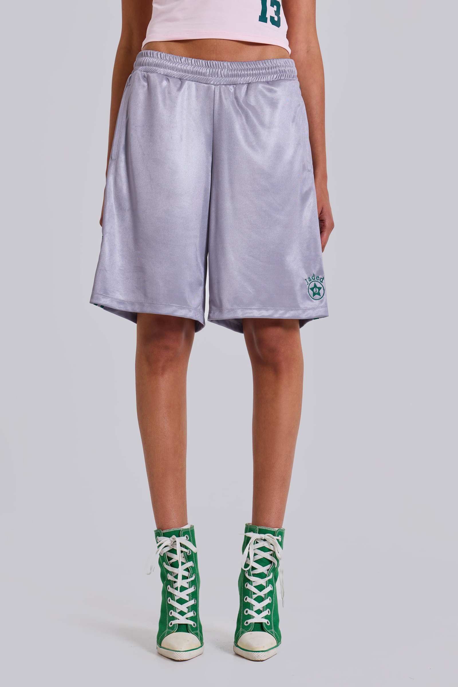 Silver Longline Football Shorts | Jaded London