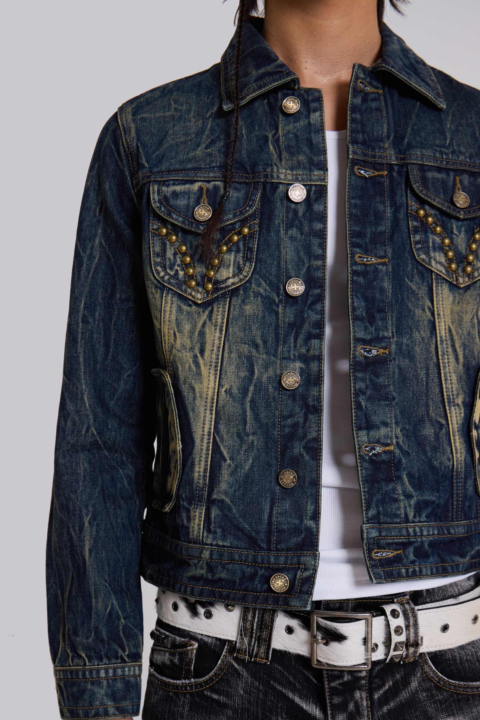 Creased Wash Stud Denim Jacket | Jaded London | Clothing
