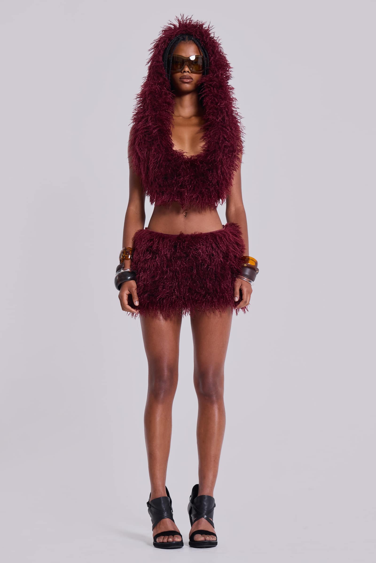 Haka Faux Fur Mini Skirt in Wine | Jaded London | Clothing