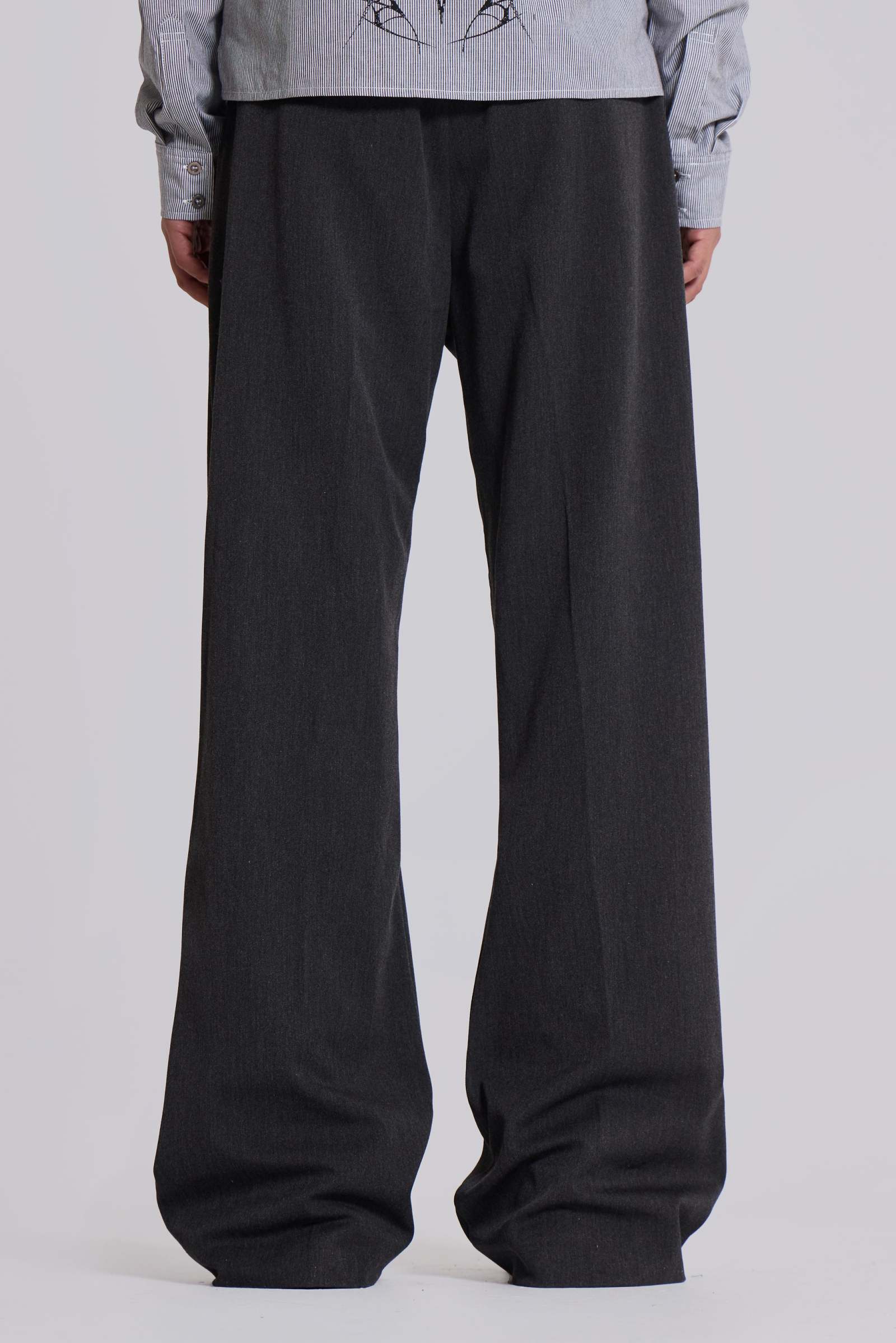 Grey Pinstripe Stacked Bootcut Suit Pants | Jaded London | Clothing