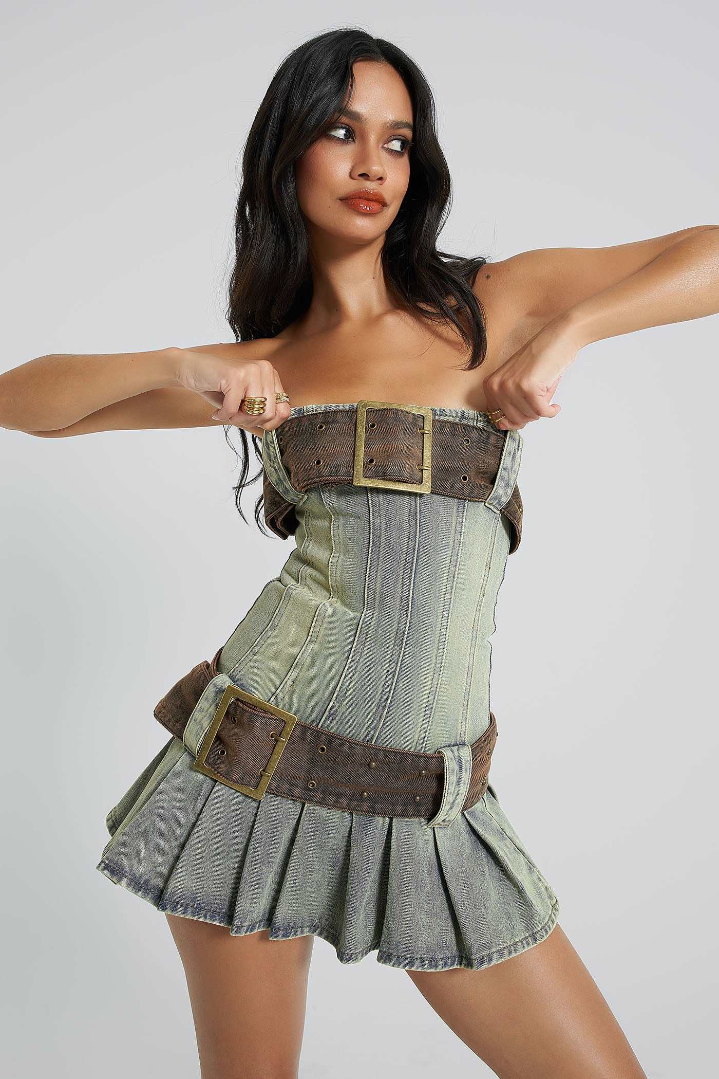 Shop Chelsea Denim Kilt Mini Dress | Jaded London | Clothing
