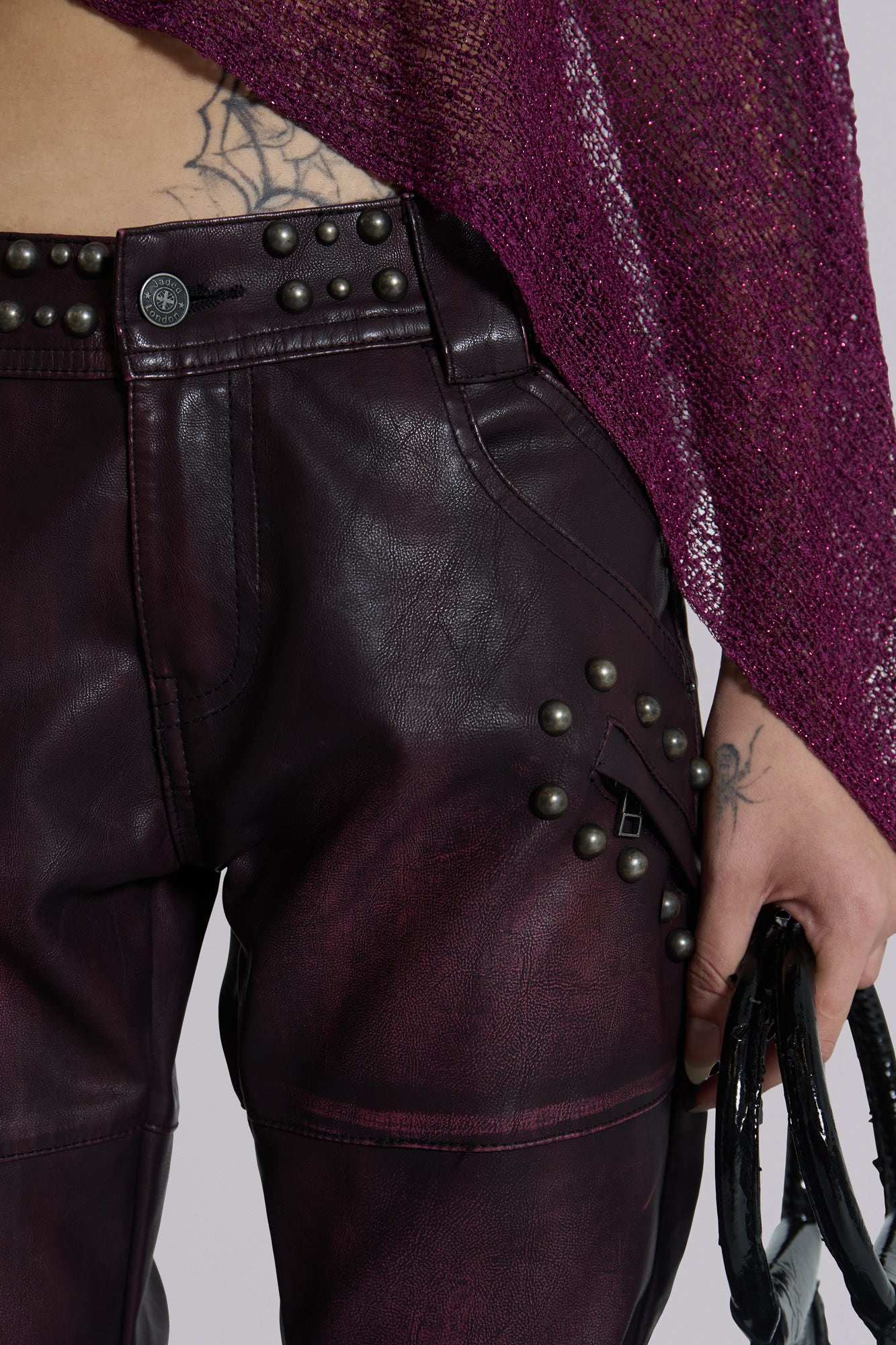 Burgundy Studded Faux Leather Drift Trousers | Jaded London