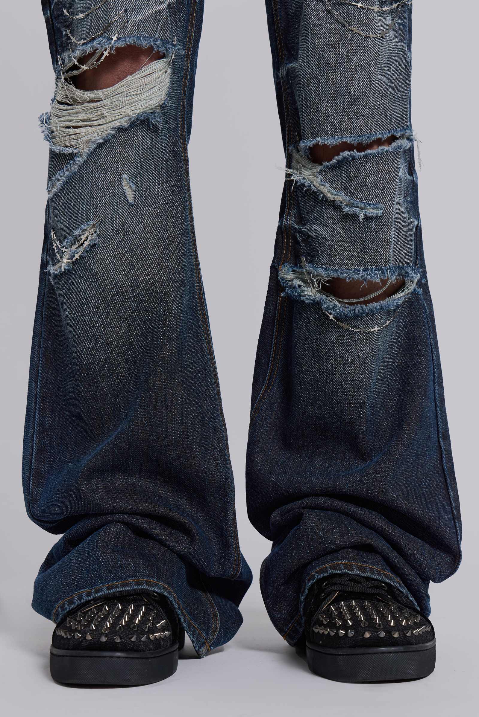Cross Chain Blue Drift Bootcut Jeans | Jaded London | Clothing