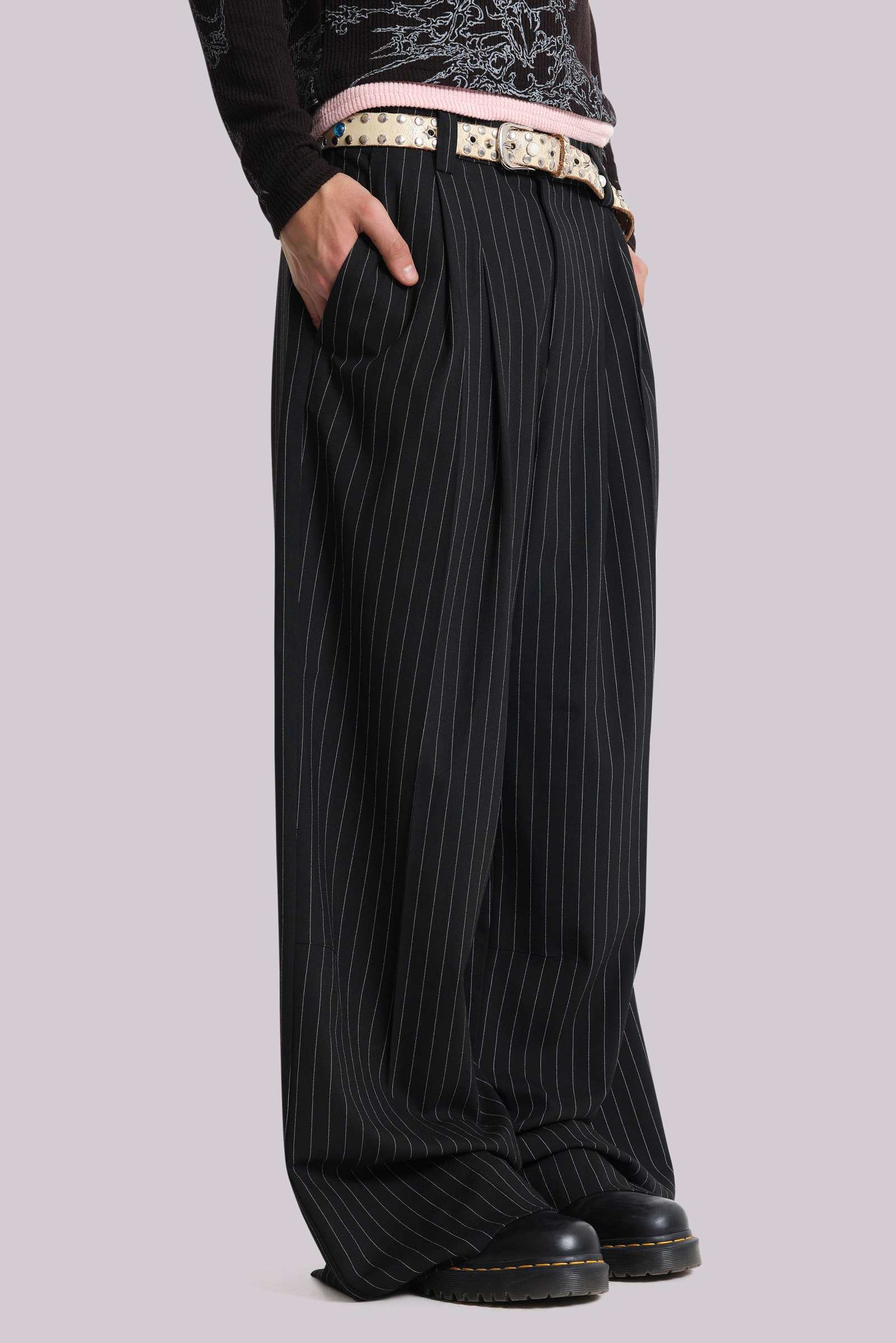 Shop Black Pinstripe Goliath Pants | Jaded London | Clothing