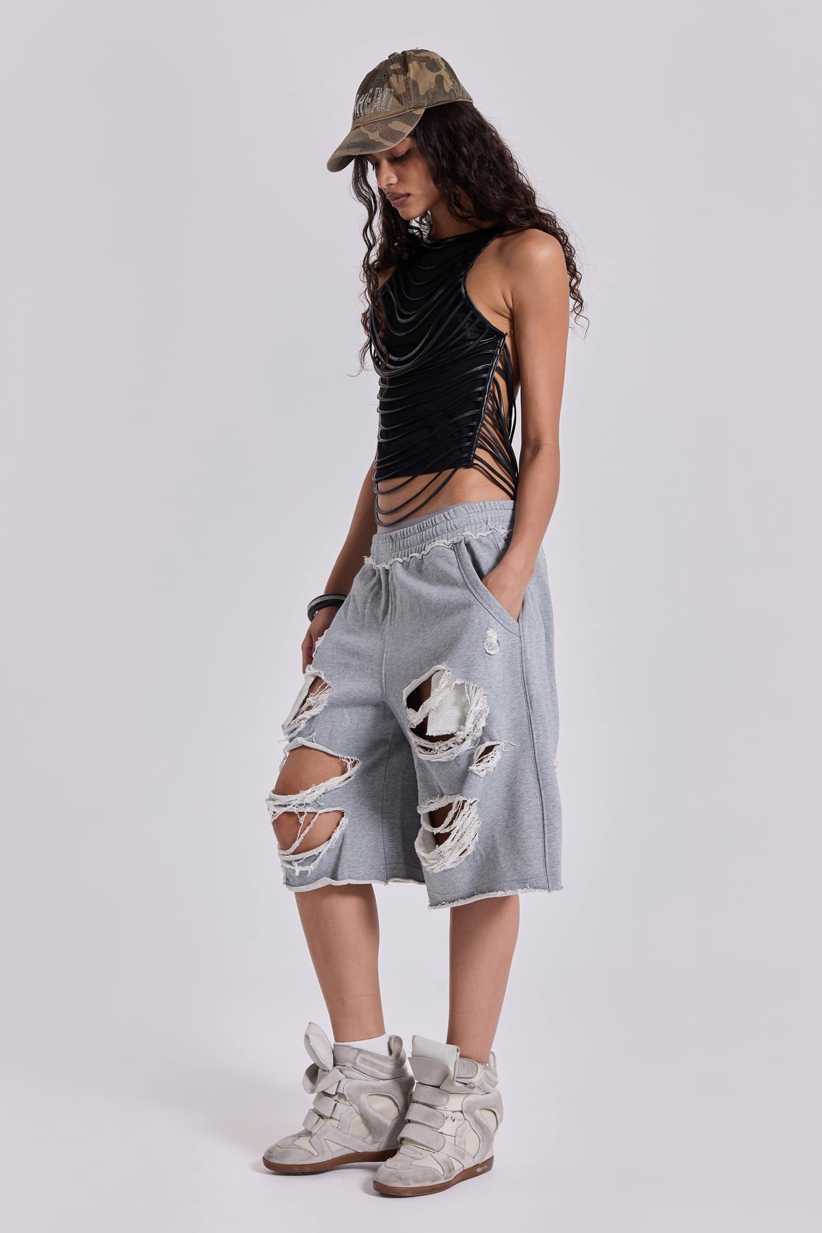 Grey Distressed Monster Shorts | Jaded London | Clothing