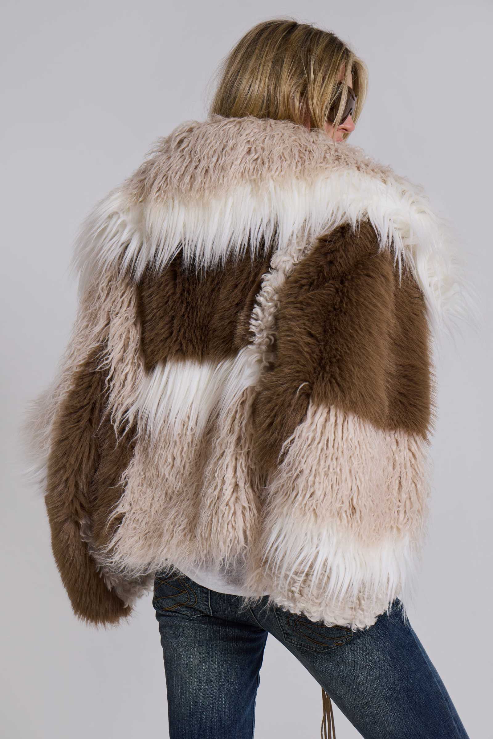 Oksana Patchwork Faux Fur Coat in Beige | Jaded London | Clothing