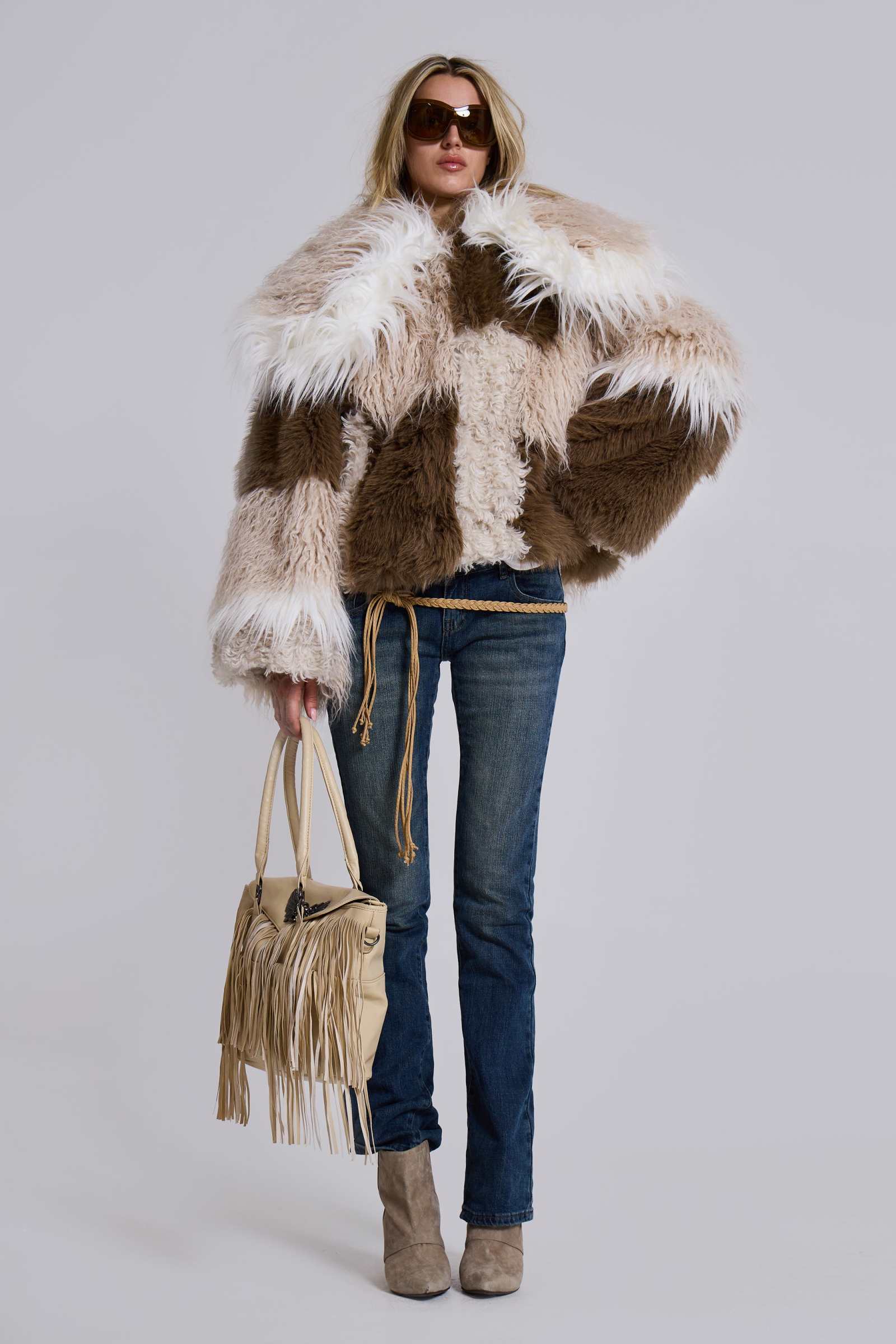 Oksana Patchwork Faux Fur Coat in Beige | Jaded London | Clothing