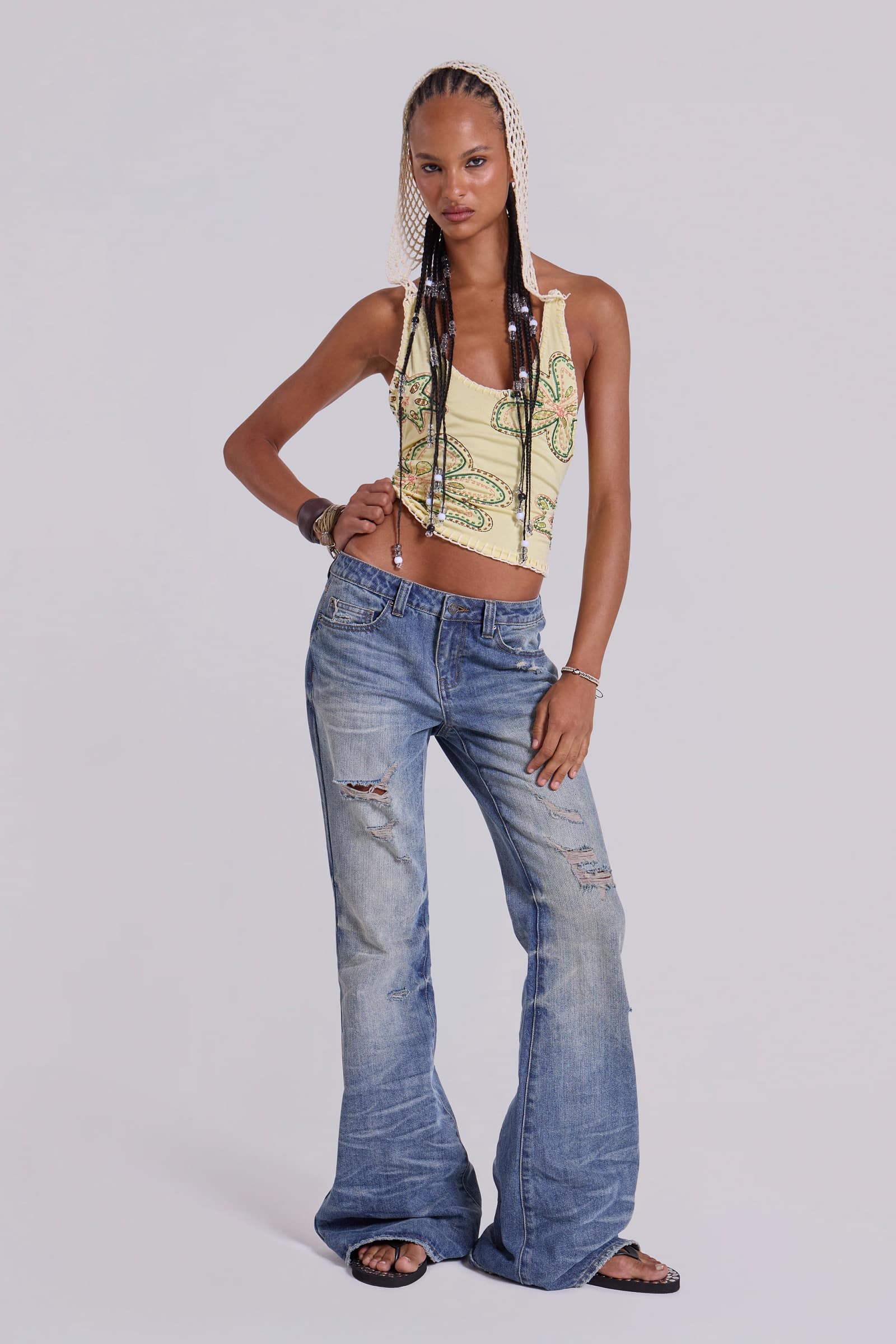 Mid Blue Distressed Creased Drift Flared Jeans | Jaded London