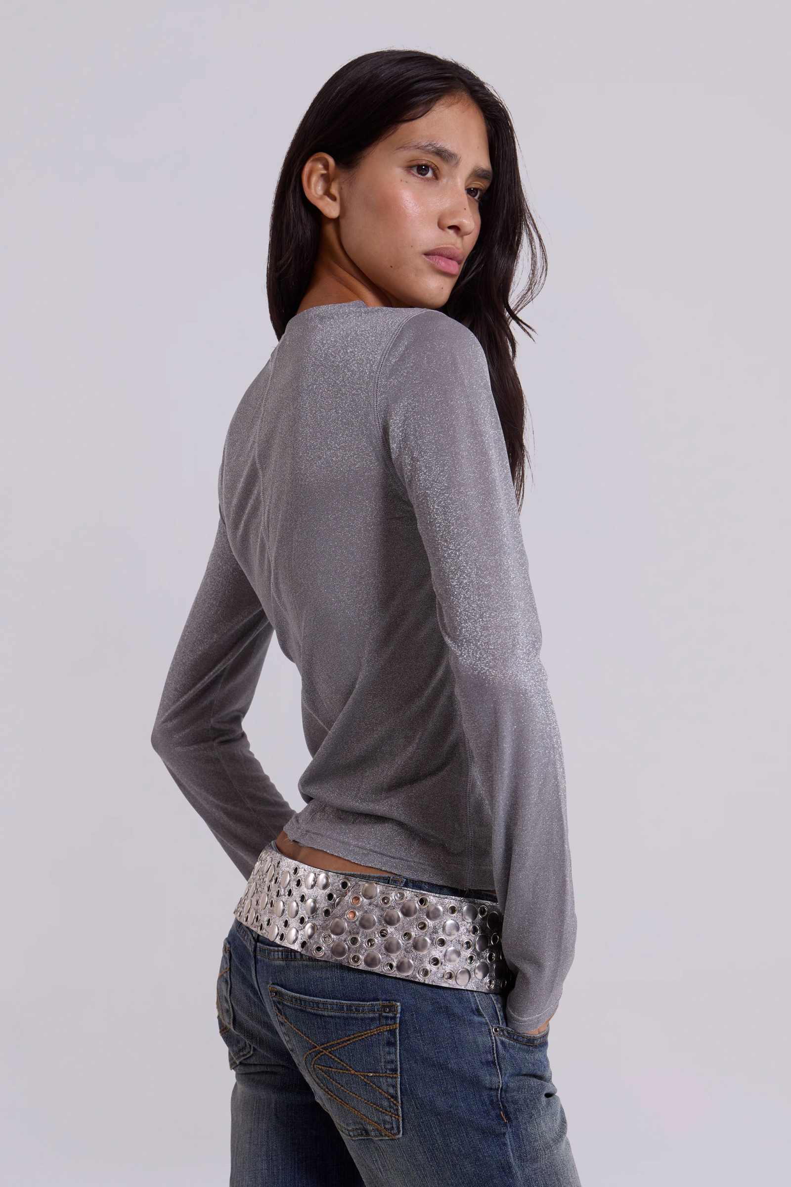 Xeni Glitter Long Sleeve Top in Silver | Jaded London | Clothing