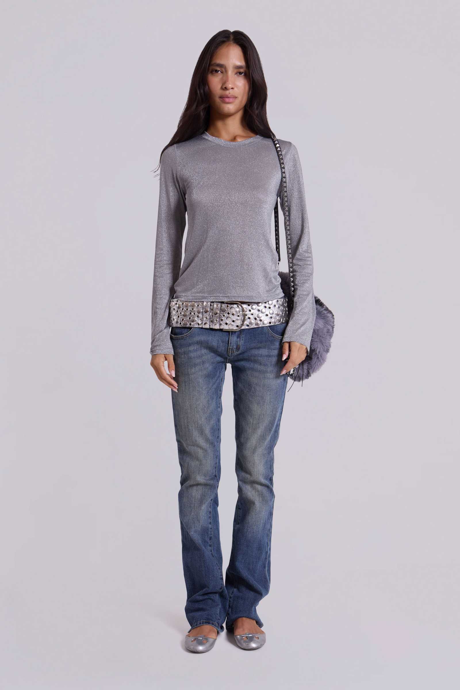Xeni Glitter Long Sleeve Top in Silver | Jaded London | Clothing