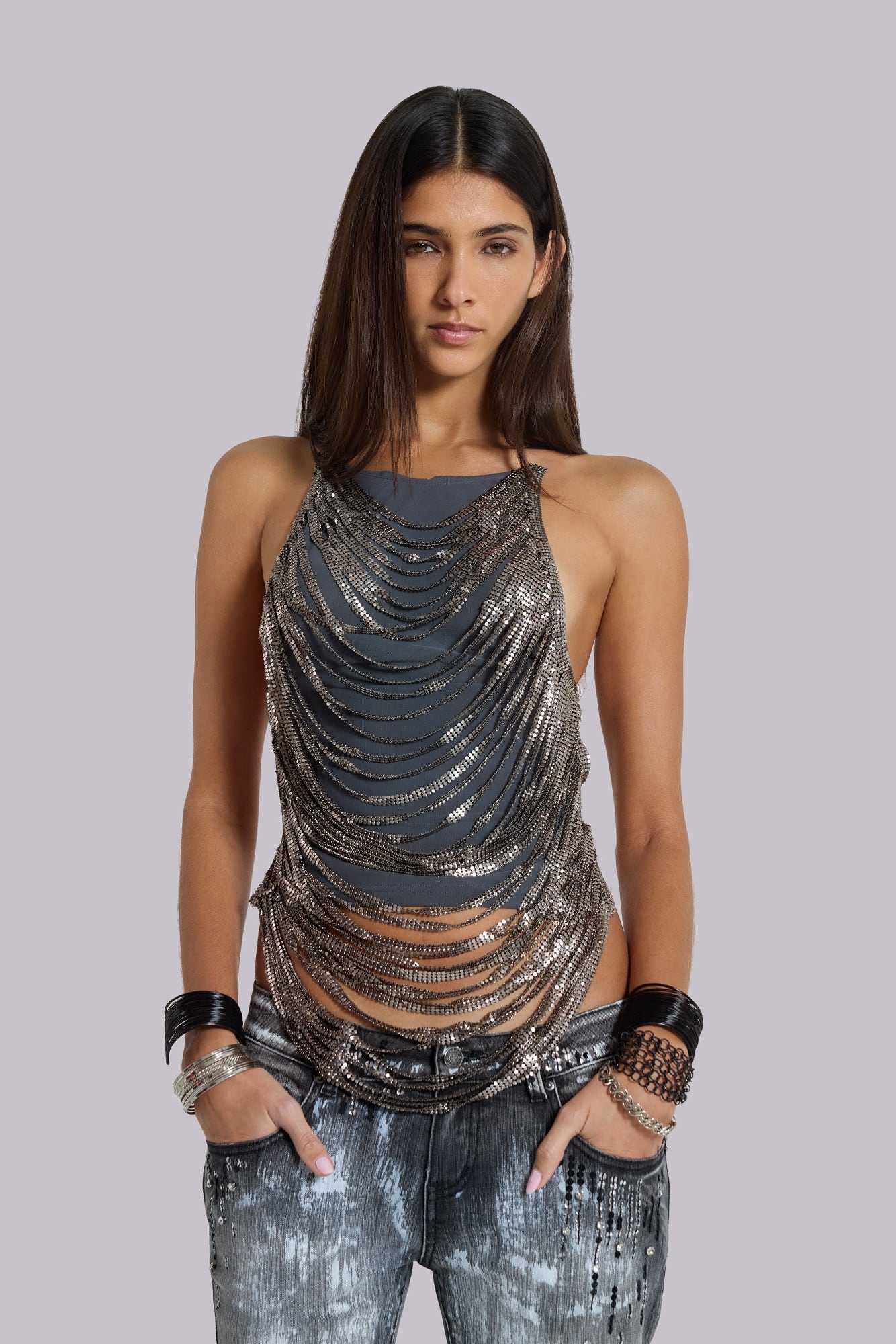 Strings Attached Backless Top in Chainmail | Jaded London | Clothing